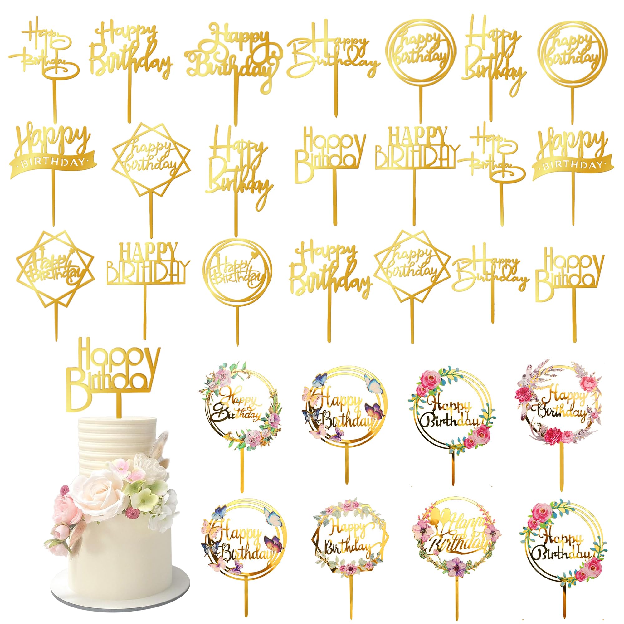 32 PCS Gold Happy Birthday Cake Toppers Flower Acrylic Gold Birthday Cake Topper Cake Pick Decorations for Birthday Party Cake Desserts Pastries (Gold)