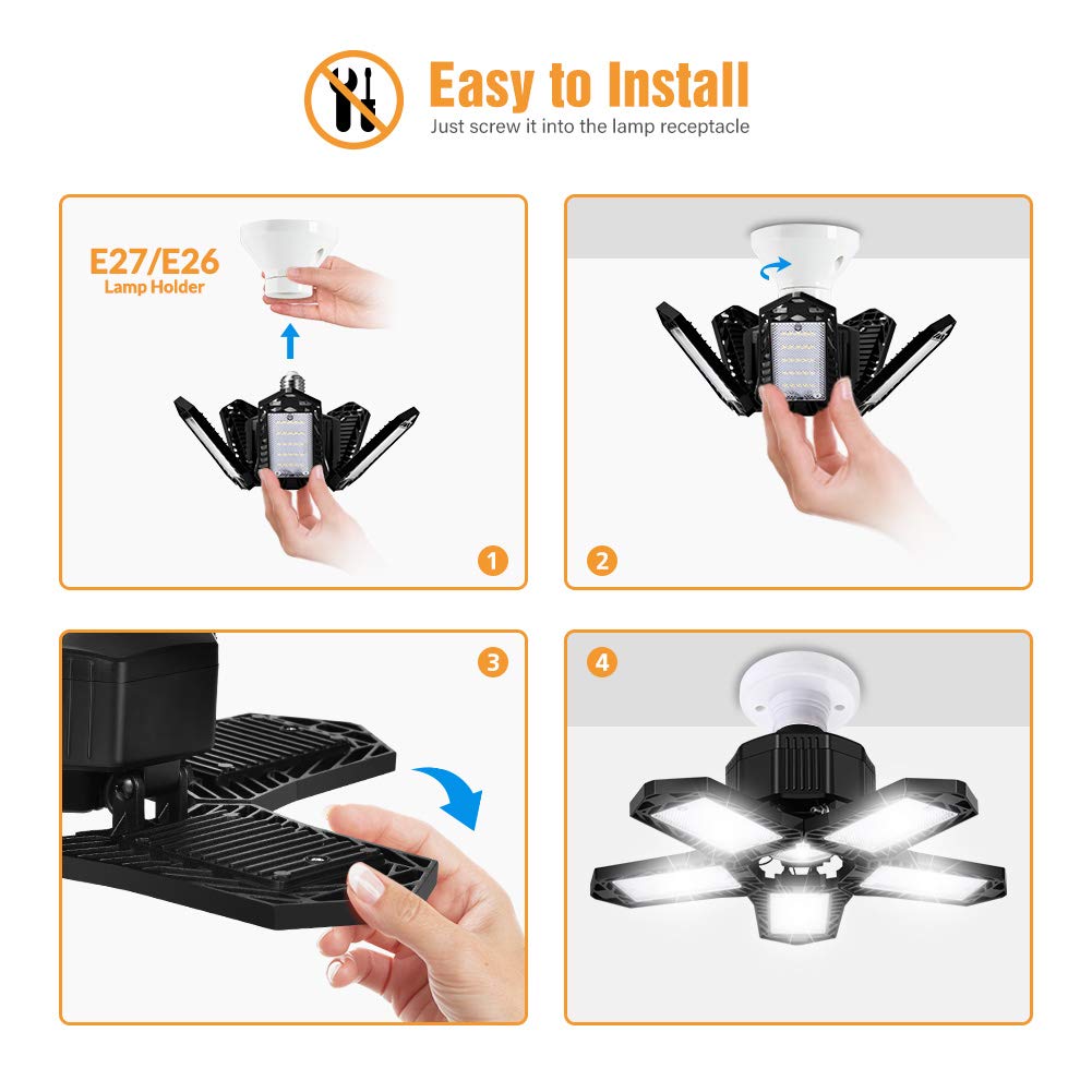 80W LED Garage Light 2 Pack, Garage Ceiling Light,8000 Lumen Adjustable Light LED Garage Day Light with Five Deformable Panels for Garage Workshop