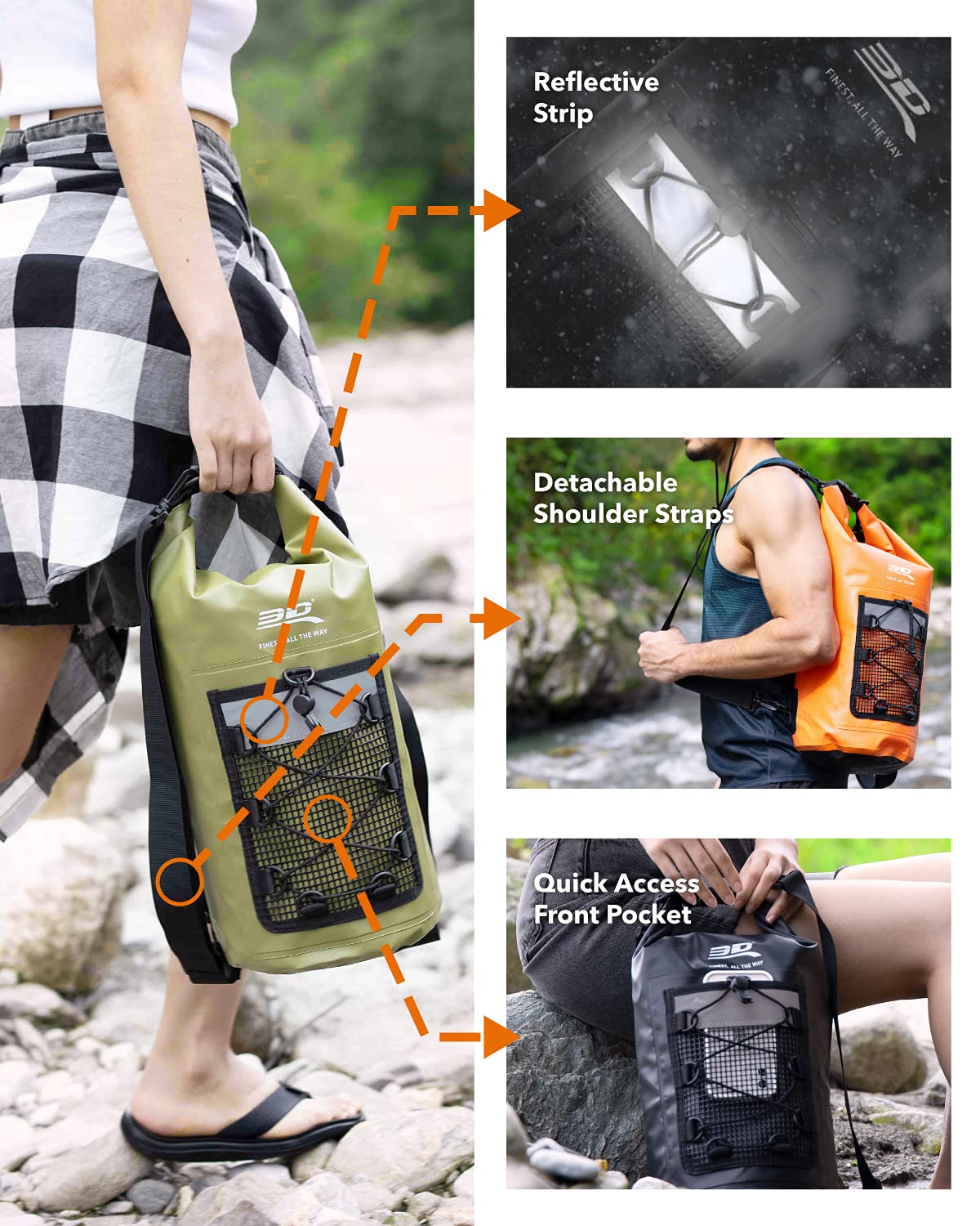 3D MAXpider Roll Top Dry Bag Backpack 30L, Waterproof Lightweight Floating Marine Drybag - Detachable Straps, Mesh Front Pocket - Travel, Hiking, Fishing, Swimming, Boating, Kayaking, Camping (Green)