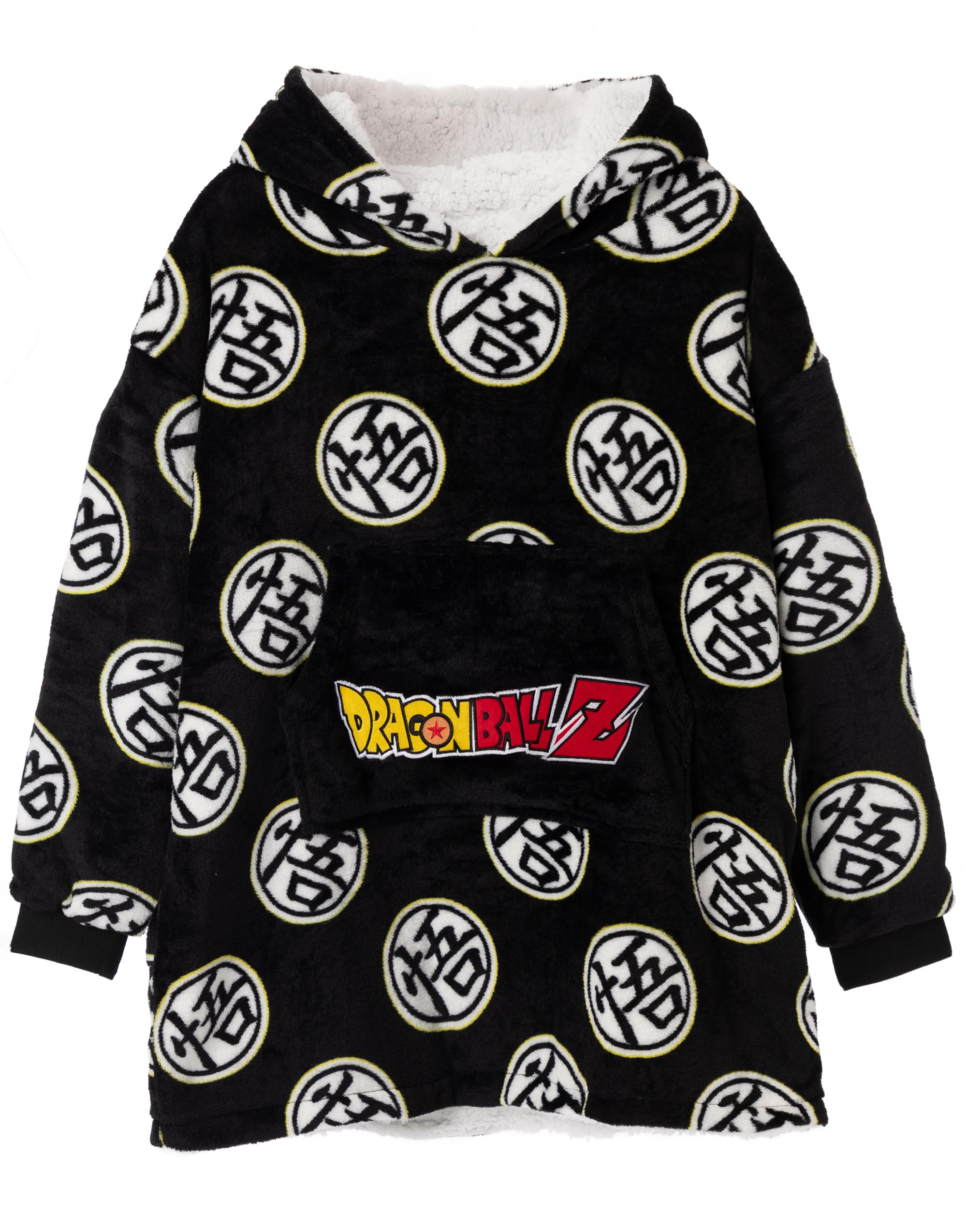 Dragon Ball Z Kids Oversized Blanket Hoodie | Boys Girls Goku Warrior Family Symbol Fluffy Double Lined Sherpa Fleece Vuddie Black