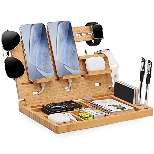 AeroShelf Wooden Nightstand Charging Station, Bedside Table Organizer for Men, Foldable Cell Phone Stand for Desk, Dad Gifts for Fathers Day, Bamboo Docking Station