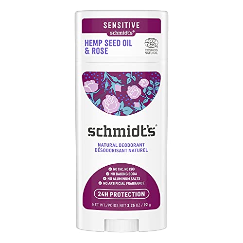 Schmidt's Aluminum Free Natural Deodorant for Women and Men, Hemp Seed Oil & Rose for Sensitive Skin with 24 Hour Odor Protection, Vegan, Cruelty Free 3.25 oz(Packaging may vary)