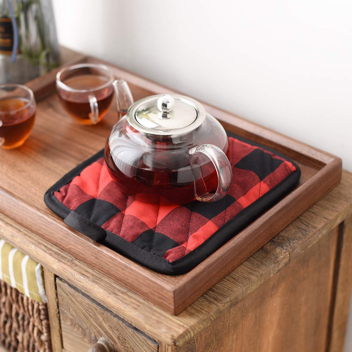 6 Pieces 100% Classic Check Pattern Potholder , Heat Resistant with Pocket for Easy Grip. (Red Plaid)