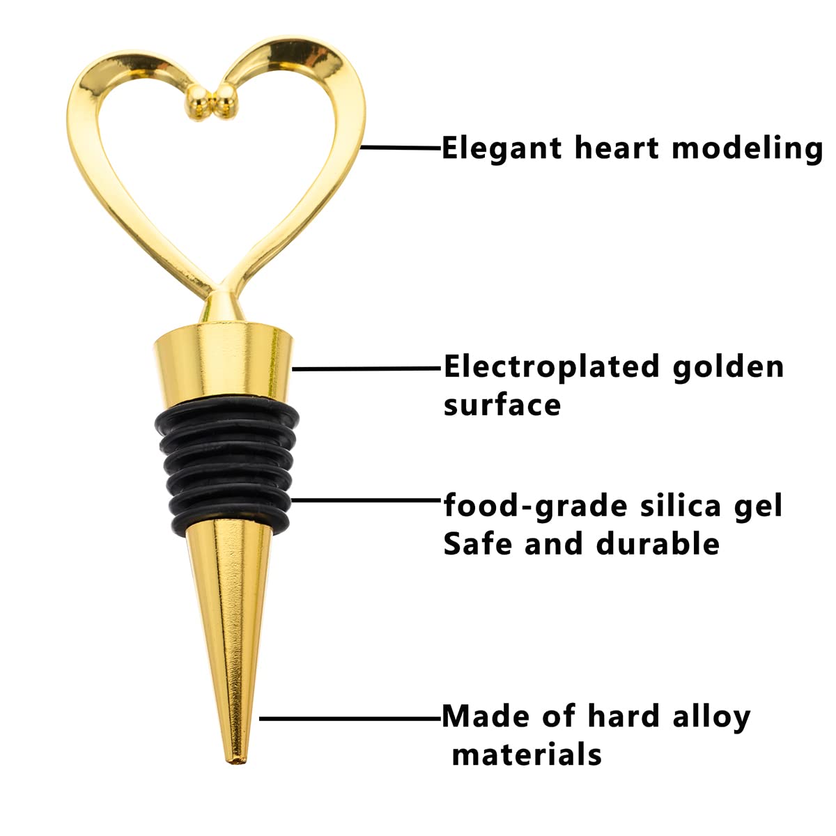 50Pieces Love Design Heart Shape Wine Stoppers for Wedding Favors,Party Return Gifts for Guests, with White Sheer Bag and Blessing Card (gold)