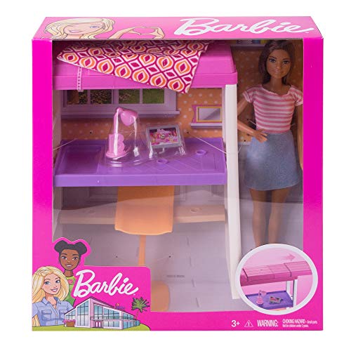 Barbie Doll and Furniture Set, Loft Bed with Transforming Bunk Beds and Desk Accessories, Gift Set for 3 to 7 Year Olds