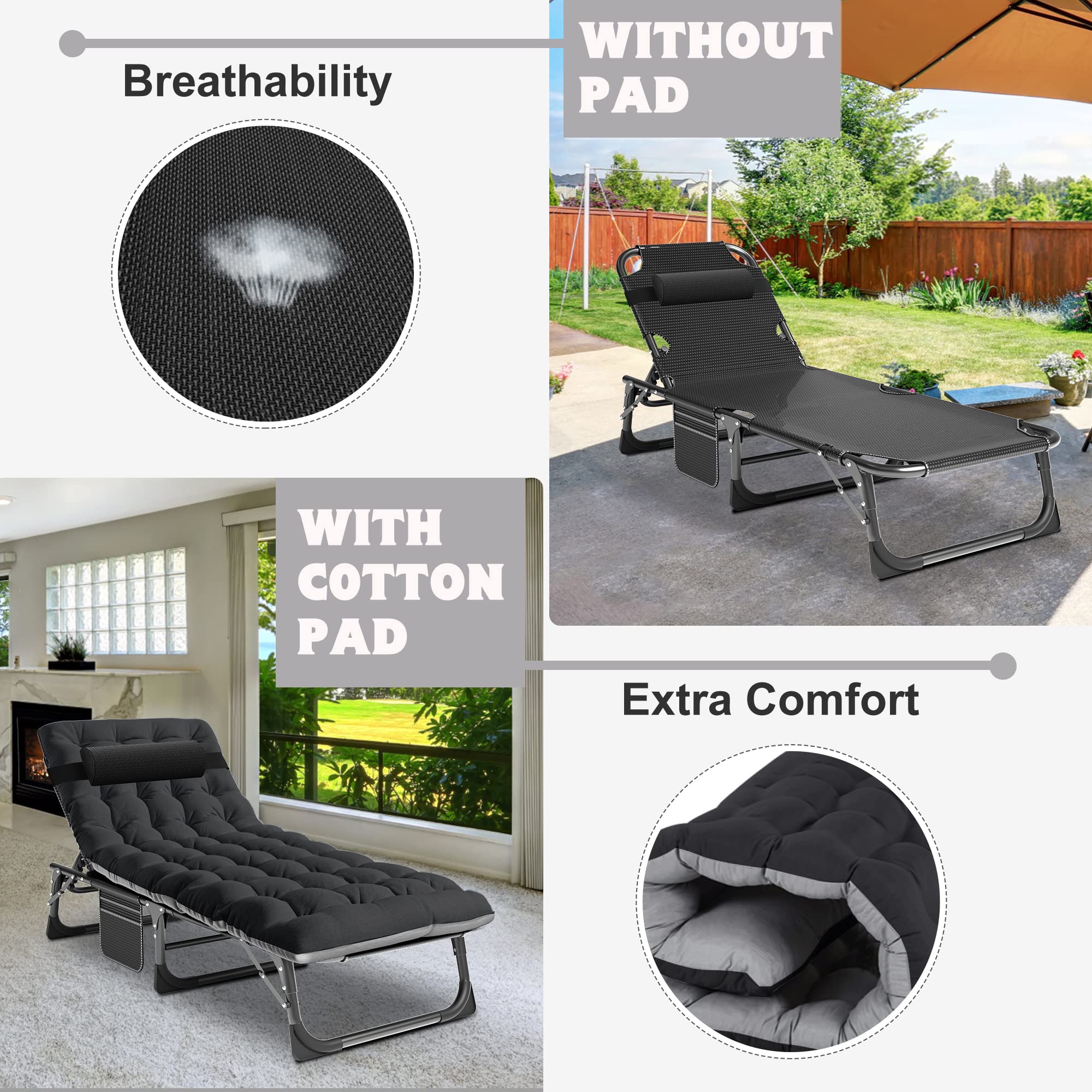 ABORON Heavy Duty Tanning Chair,Outdoor 5-Position Folding Chaise Lounge Chair with Pad,Portable Beach Lounge Chair for Outdoor Sunbathing Patio Pool Lawn Deck Poolside