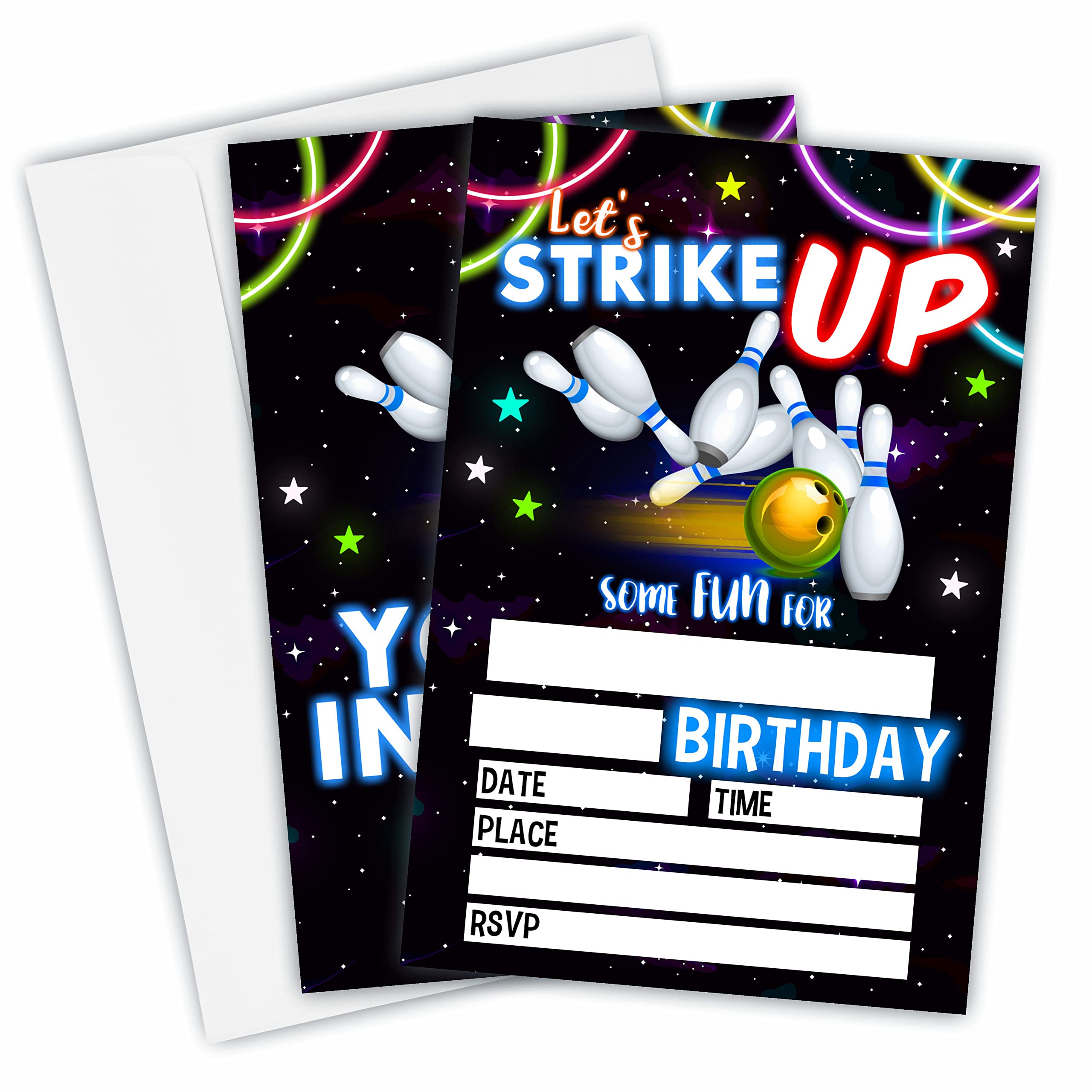 Let's Strike Up Birthday Invitations, Neon Bowling Vintage Birthday Party Invites For Kids Adults Birthday Party And Events Supplies, 20 Fill-In Invites Cards With Matching Envelopes(YQK-B14)