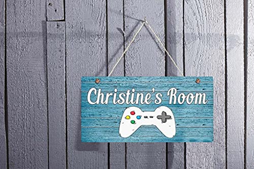 Gamer's Sign, Kids Door Sign, Game Controller Room Sign, Rustic Blue Wood Style, Personalized Kid's Name 6" x 12" Sign