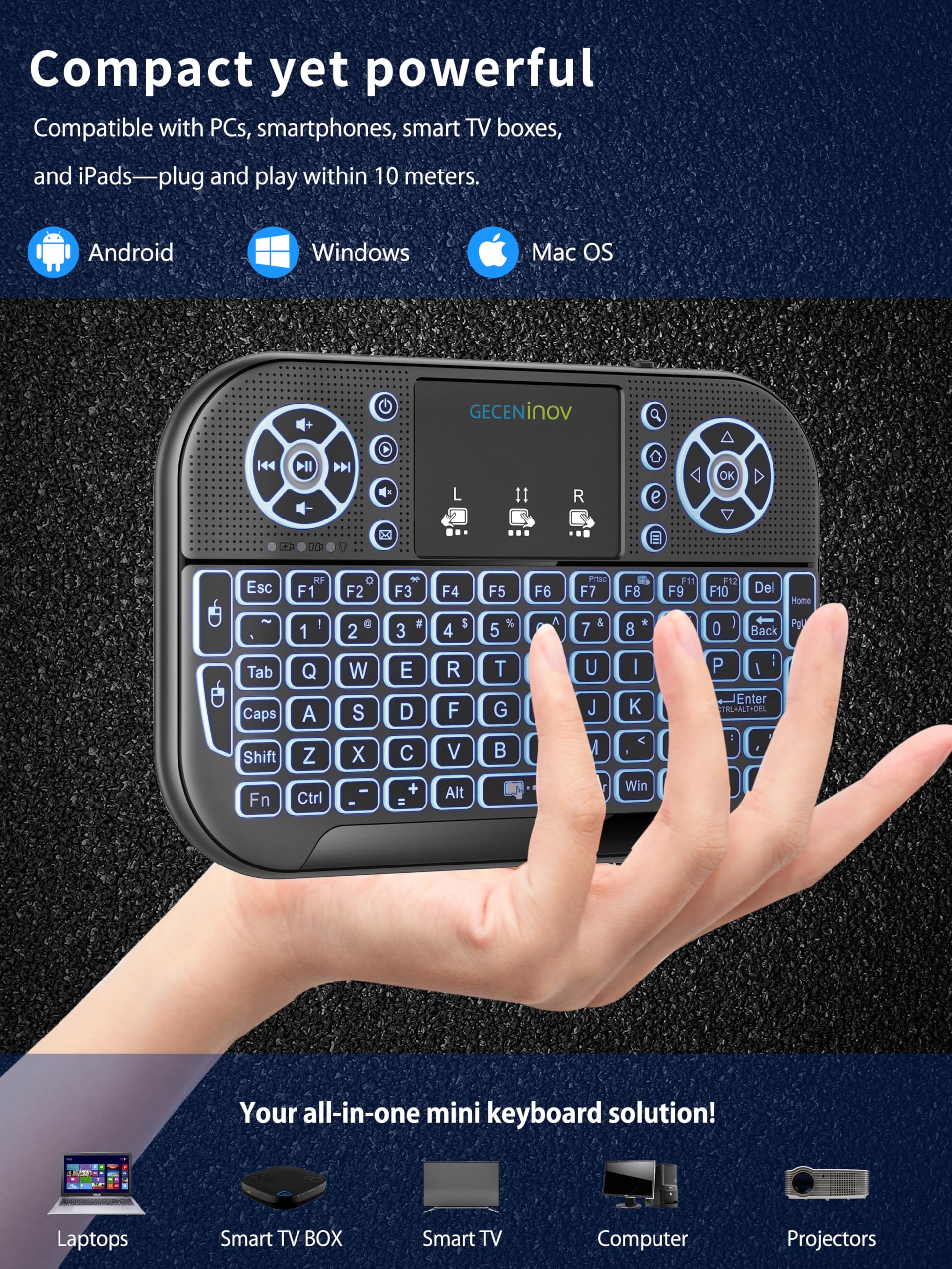 GECENinov Mini Wireless Touchpad Keyboard, Portable , 7 Colors RGB Backlit , 2.4G Rechargeable Remote Controller Mouse Combo, Compatible with PC, Laptops, Smart TVs, Gaming