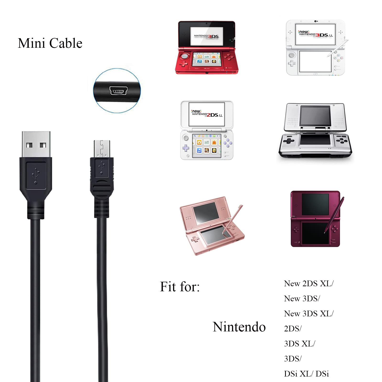 5Ft Charger Fit for Nintendo 3DS/ DSi/DSi XL/ 2DS/ 2DS XL/New 3DS XL,with 5Ft USB Mini Cable