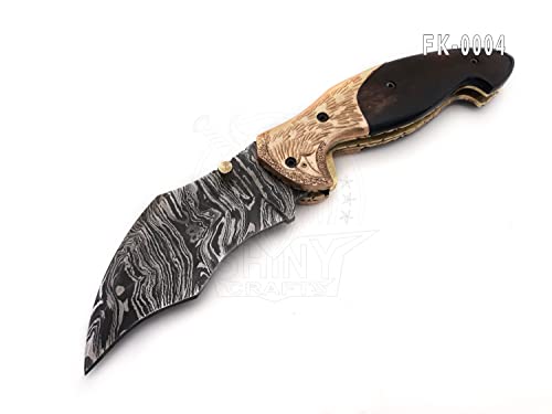 SHINY CRAFTS -Damascus Pocket Knife Knives For Men OTF Knife Survival Knife- Folding Knives - Everyday Carry - PlainEdge - Leather Sheath (FK 04)