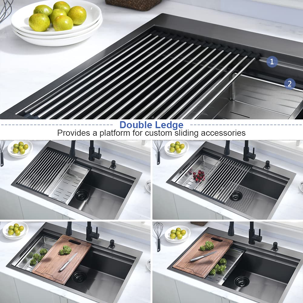 30 Black Drop in Kitchen Sink Workstation- Hovheir 30x22 Topmount Drop In Kitchen Sink Matte Black Stainless Steel Sink Handmade Sink Double Ledges Workstation Sink 16 Gauge Single Basin Kitchen Sink