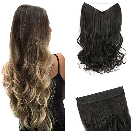 GIRLSHOW Invisible Wire Hair Extensions with Transparent Headband Synthetic 24 Inch 4.9 Oz Wavy Curly Adjustable Size No Clip Long Hairpieces for Women (Natural Black -#113A, 24 Inch)
