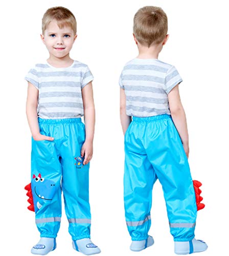 Toddlers Rain Waterproof Pants Little Boys Mud Dirty Proof Trousers Lightweight Hood Rain Poncho Kids Rain Suit Blue 1-2 Years