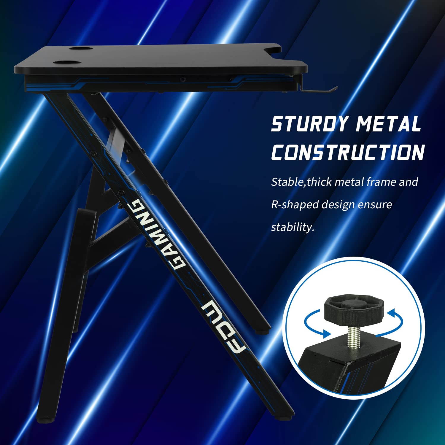 35" Gaming Desk Student Computer Desk Home Office Desk Gamer PC Workstation Large Modern Ergonomic Pc Carbon Fiber Writing Desk Table with Cup Holder Headphone Hook R Shape Table, Blue