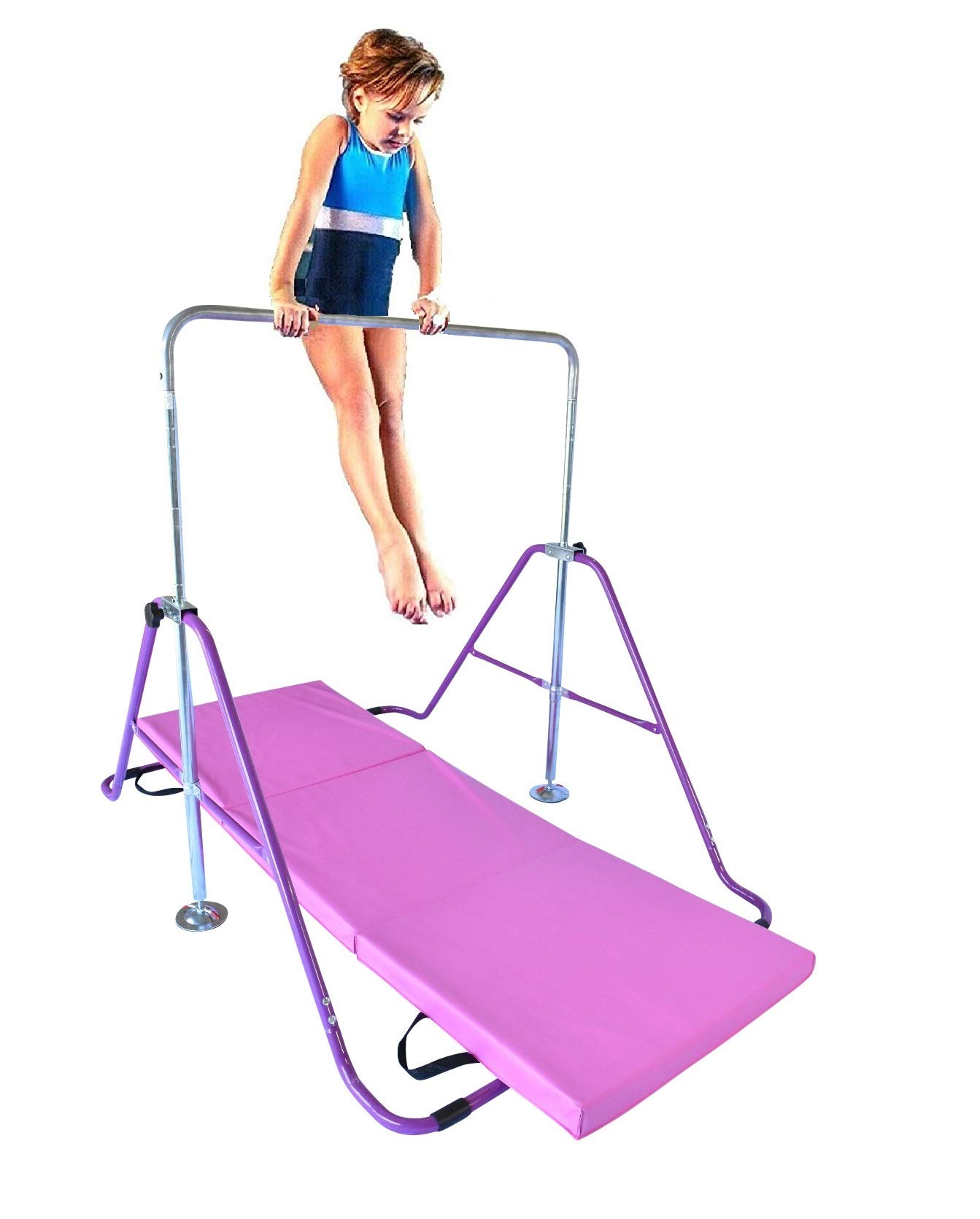 5 Star TD Gymnastics Bar Horizontal Kip Bar w 2x6 Tri Fold Mat Junior Training Adjustable Height Jungle Gym Children Training Monkey Bars Climbing Tower Playground Balance Bar Gymnasts (Purple)
