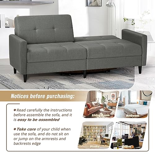 BIVVI 77β Long Linen Fabric Sofa Bed Convertible Loveseat Couch with Adjustable Backrest and Wooden Legs,Sleeper Lounge Couch for Living Room/Dorm/Guest/Home Office/Apartment,Gray