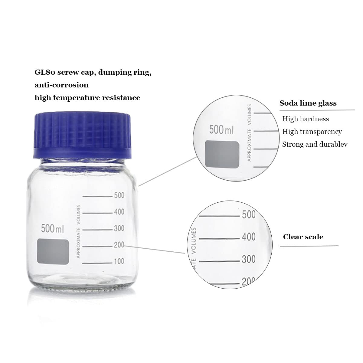6 Pack 500mL Wide Mouth Media Bottle,Round Reagent Media Bottle with GL80 Screw Cap,Storage Lab Glass Bottle,Premium Scientific Glassware for Labs, Classrooms or Home Use Glass Container (500ML)