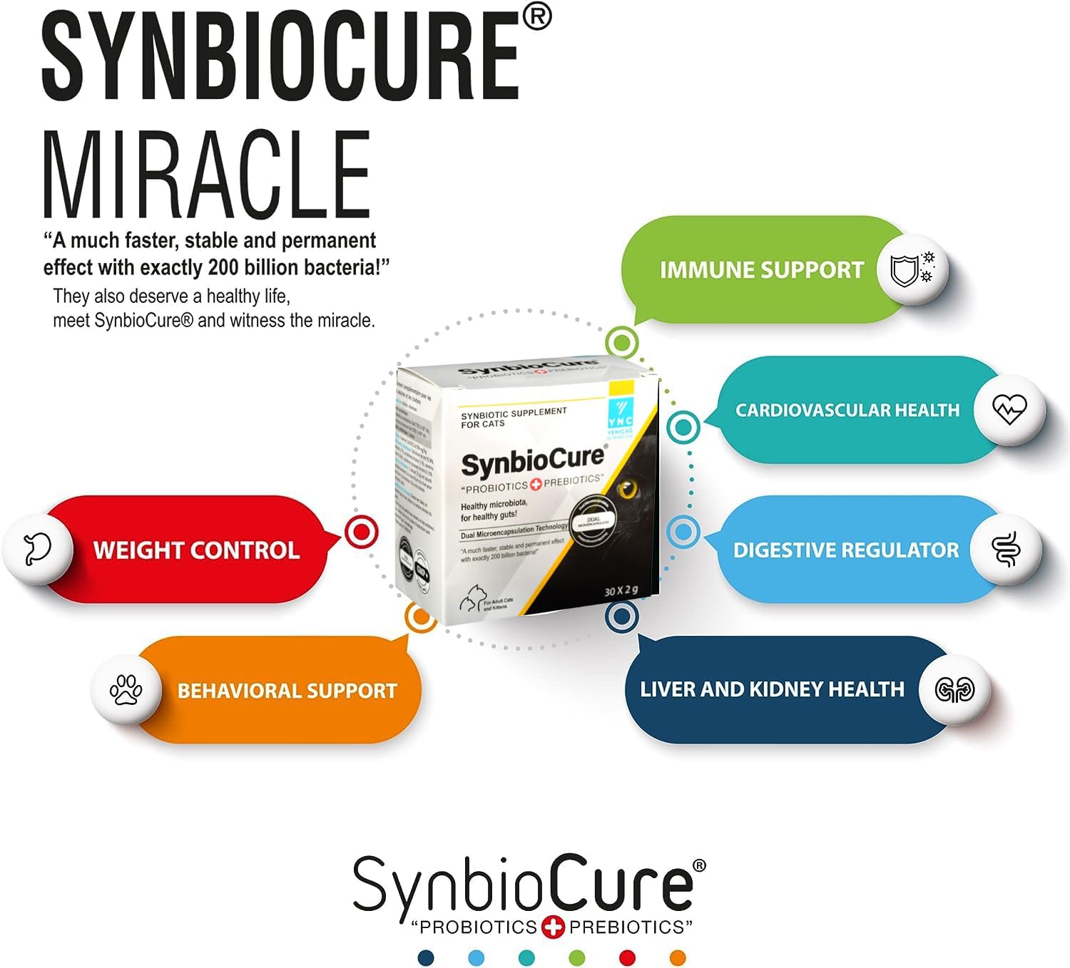 SynbioCure I Probiotics & Prebiotics for Cats I Powder Cat Supplement I Digestive Health Support I 200 Billion Bacteria Per Sachet I 30 Sachets*2 g