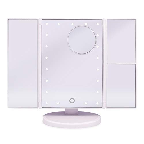 KXA Tri-Fold Vanity Mirror, 21 LED Lighted with Touch Screen 1X/2X/3X Magnification and USB Charging Adjustable Brightness and Stand for Makeup