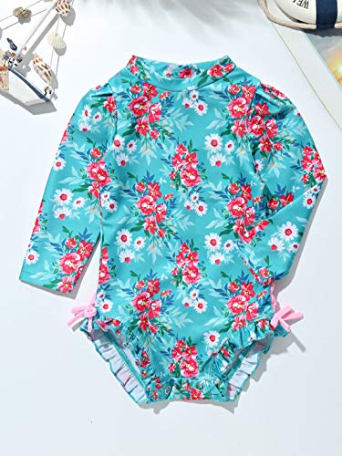 MSemis Infant Baby Girls Floral Printed Ruffled Back Rash Guard UPF 50+ Swimwear Swimsuit Bathing Suit Blue 18-24 Months