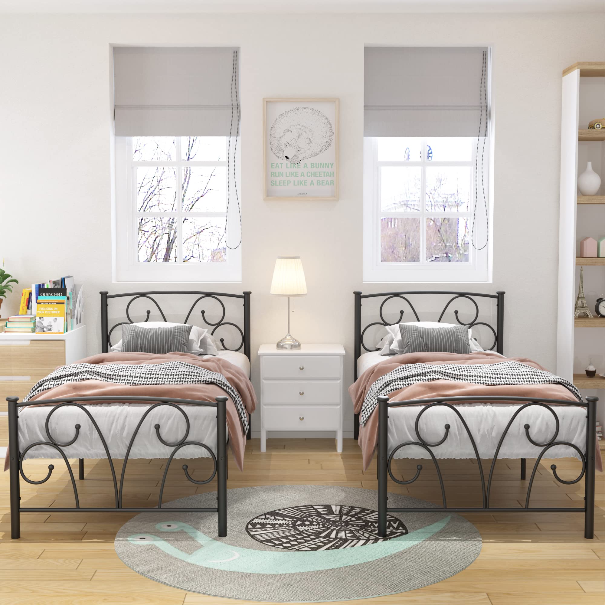 Timy Kids Twin Bed Frame with Headboard and Footboard, Metal Platform Bed Frame with 12 Inch Storage Space for Boys Girls Teens Adults, No Box Spring Needed, Black