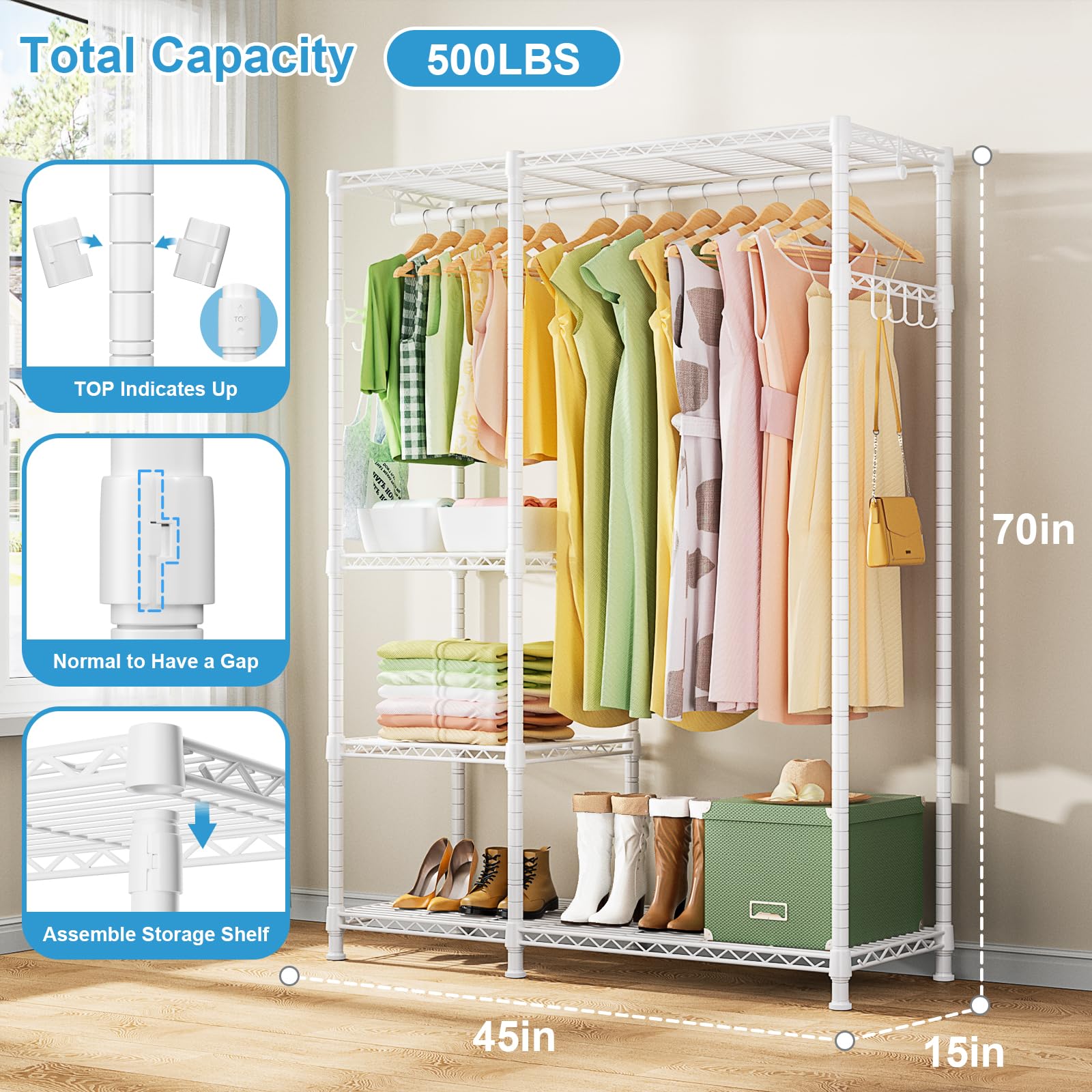 Ulif F4 Heavy Duty Clothes Rack(With Hanger Rod ) Freestanding Clothing Racks for Hanging Clothes,Adjustable Closet Organizer System,Portable Garment Rack 45" W x 15" D x 70" H,Max Load 500LBS,White