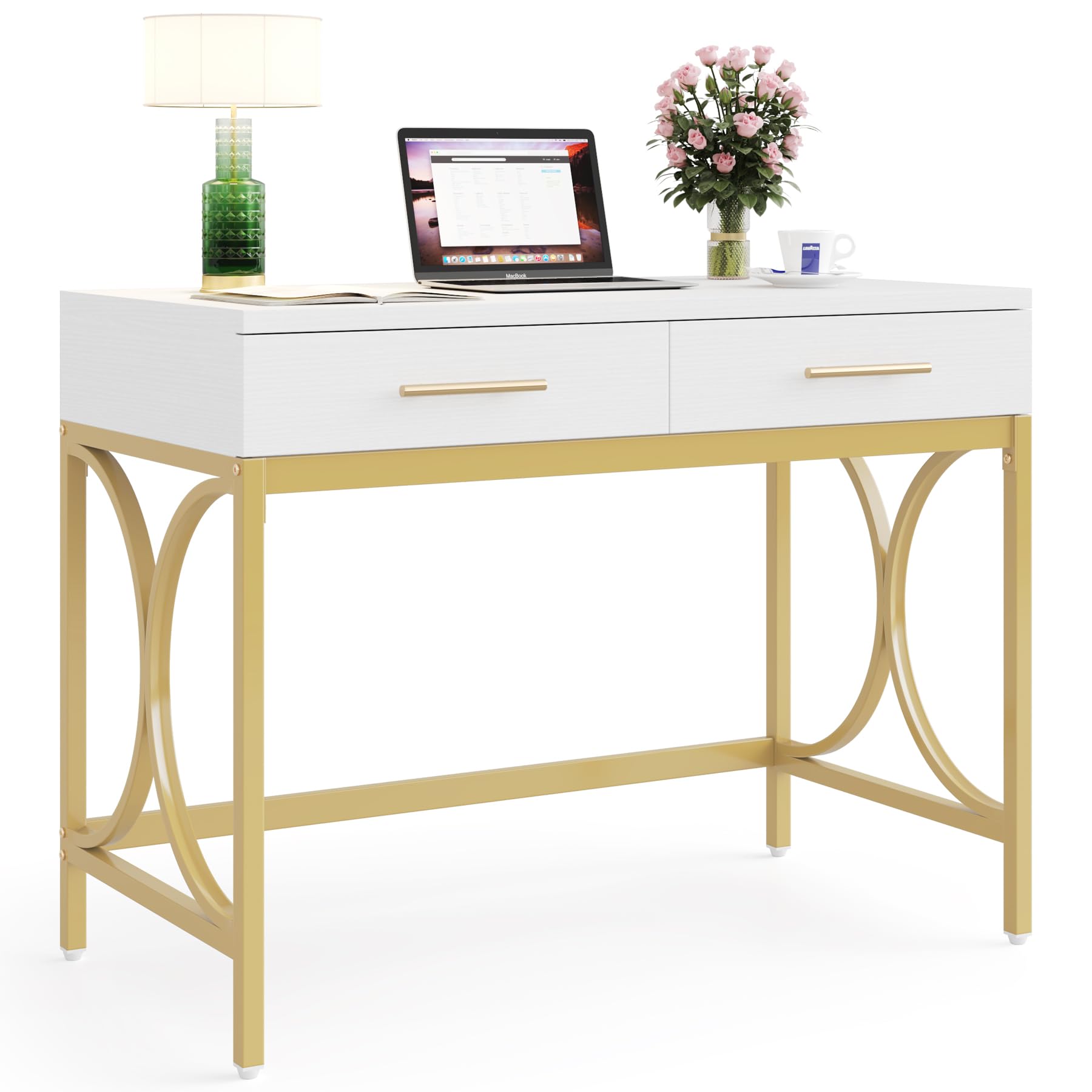 Tribesigns Modern Computer Desk with 2 Drawers, 41 Inches Study Writing Office Desk for Home Office, Bedroom, Makeup Vanity Table Desk with Gold Metal Frame, White & Gold
