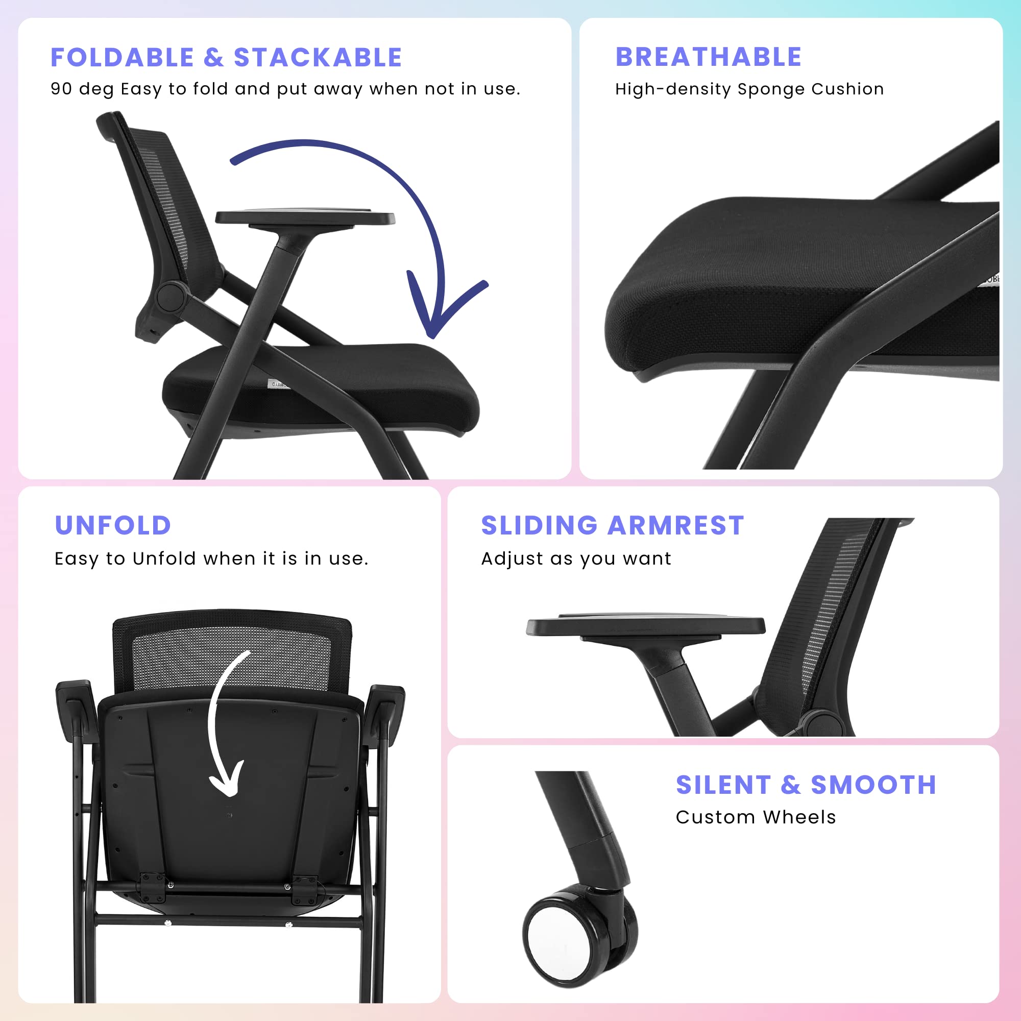 40 Chairs Stackable Conference Room Chairs with Wheels and Paddle - Ergonomic Mesh Back and Arms for Meeting, Conference, Reception, Training Room Chair & Office Desk Folding Chairs, Set of 40, Black