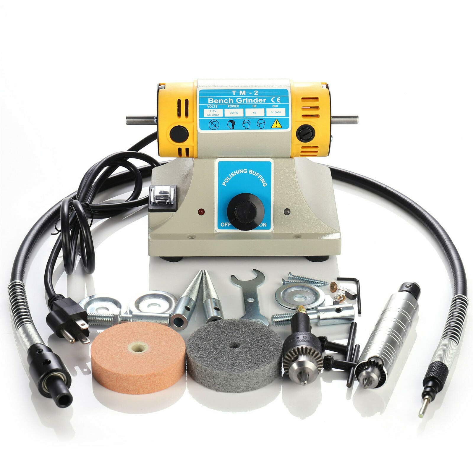 Electric Bench Buffer Polisher, 350W Mini Jewelry Rock Polishing Grinding Buffing Benchtop Tool Kits, Variable Speed 0~10000 RPM, DIY Rock Gem Jade