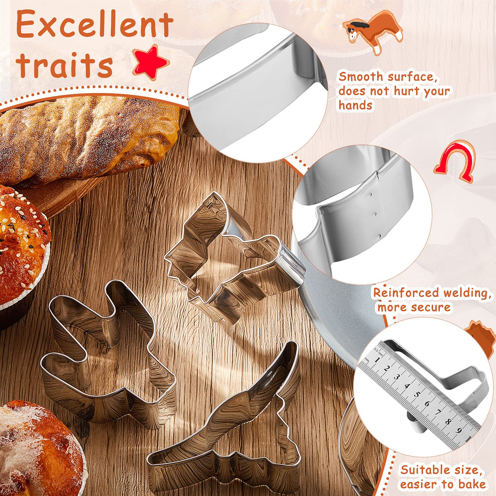 9 Pieces Cowboy Cookie Cutter Set Western Cookie Cutters, Includes Cow, Star, Horse, Cowboy, Boot, Hat, Cactus, Horseshoe, Horse Head, Stainless Steel Cookie Cutter for Baking Decorative Food DIY