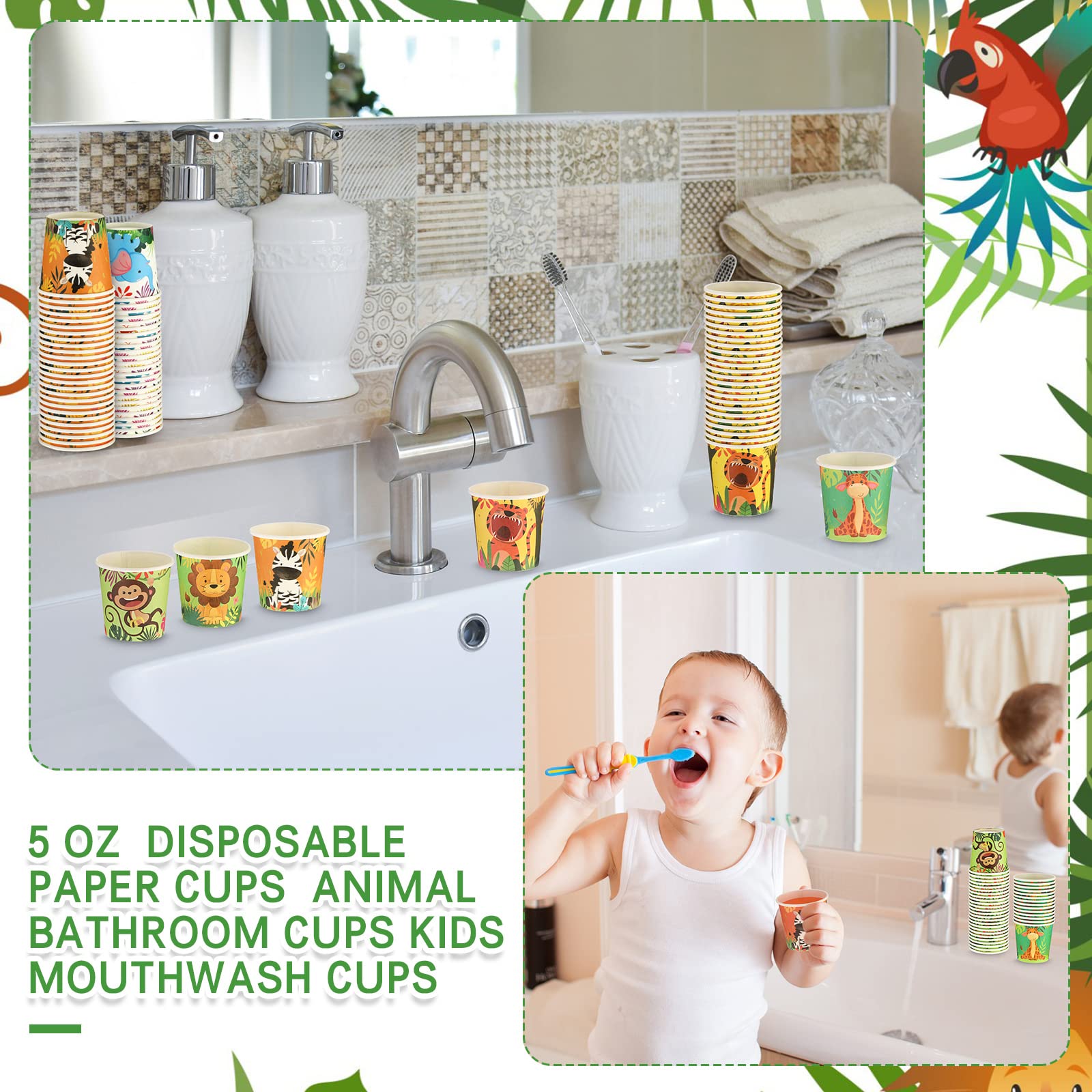300 Pack 5 oz Cups for Kids Animals Paper Cups Disposable Cups Small Bathroom Cups Mini Mouthwash Cup Bulk for Christmas Party, Picnic(Unicorn)