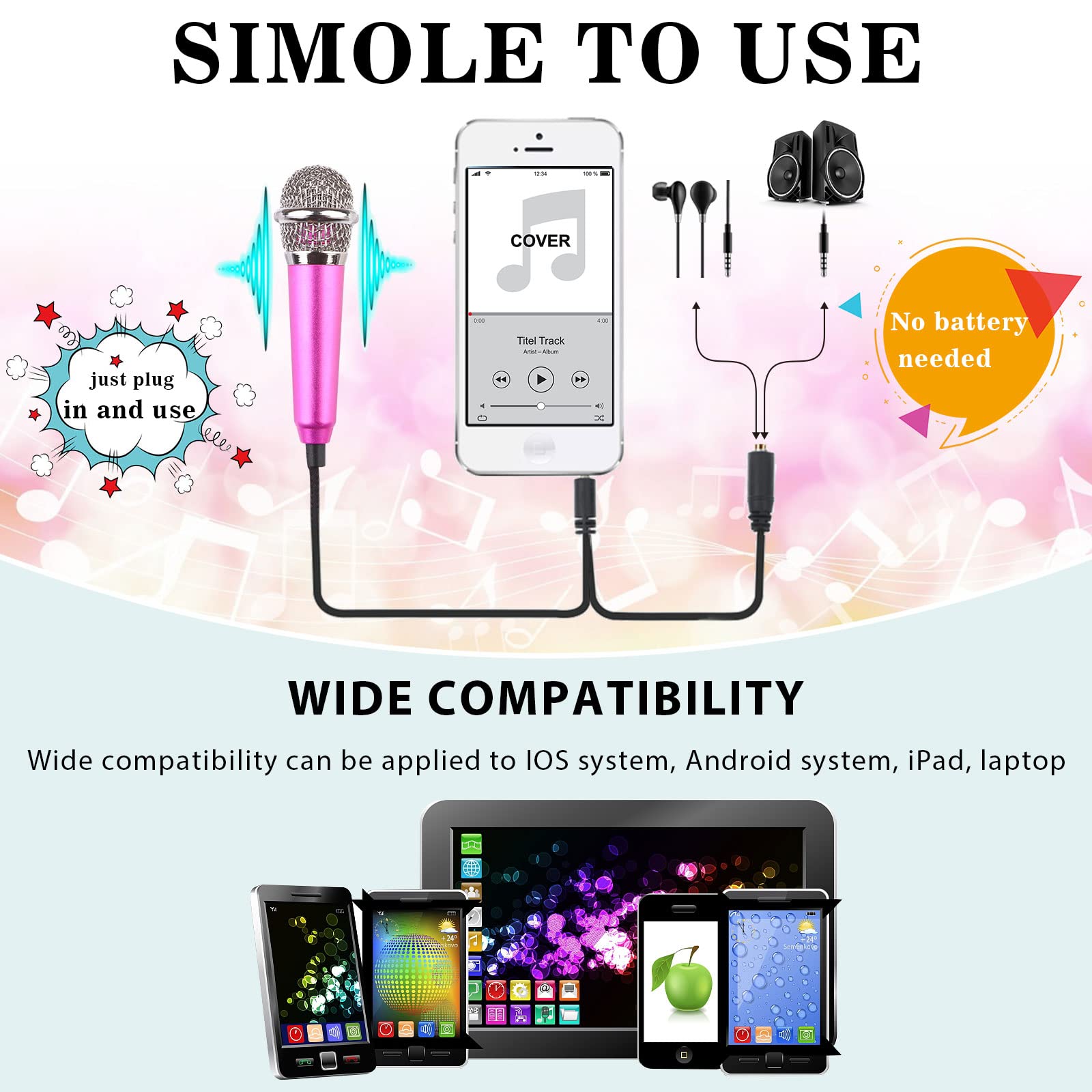 4-Piece Mini Microphone Tiny Microphone Mini Mic for Recording Voice and Singing on iPhone, Android Phones or Tablet, Metal, with 113 cm Cord, 3.5 mm Input (Rose Gold, Rose red, Silver, Blue)