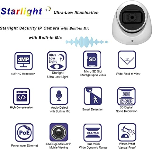 Starlight 4MP IP Camera PoE 2.8mm, Outdoor Turret Security Camera with Built-in Mic, Human/Vehicle Detection,IR 164fts Night Vision, IP67 Weatherproof, CCTV Surveillance System,SD Card Slot(256GB)