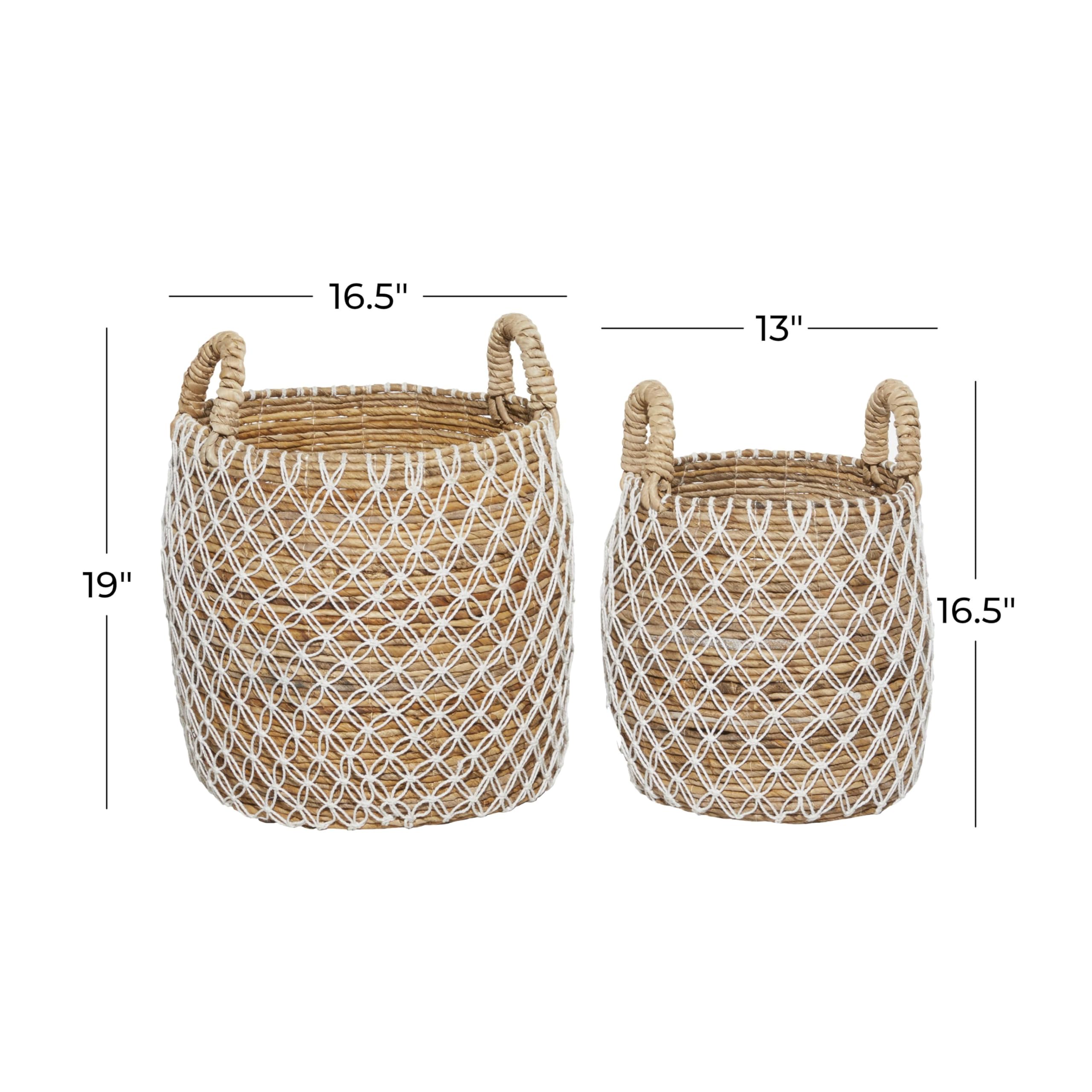 Deco 79 Banana Leaf Handmade Decorative and Functional Storage Basket String Detail Basket Organizer with Handles, Set of 2 Basket for Storage 19", 17"H, Brown
