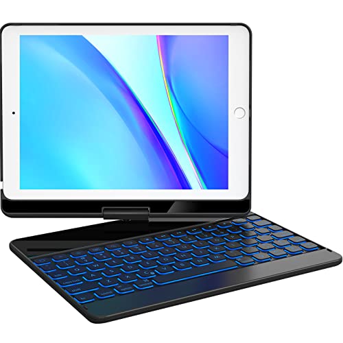 Earto 6th Generation Case with Keyboard, 5th Generation Keyboard, Air 2, Air 1, Pro 9.7 inch, 7 Color Backlit, 360° Roatate Wireless Keyboard Case, Black