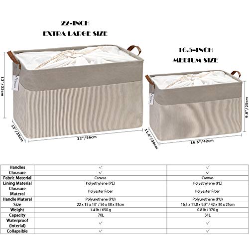 Hinwo 70L Extra Large Capacity Storage Basket with Handles, Canvas Fabric Storage Bin, Rectangle Storage Box, Clothes, Toys Organizer for Nursery, Kid’s Room, 22 x 15 inches, Waterproof, Grey Streak