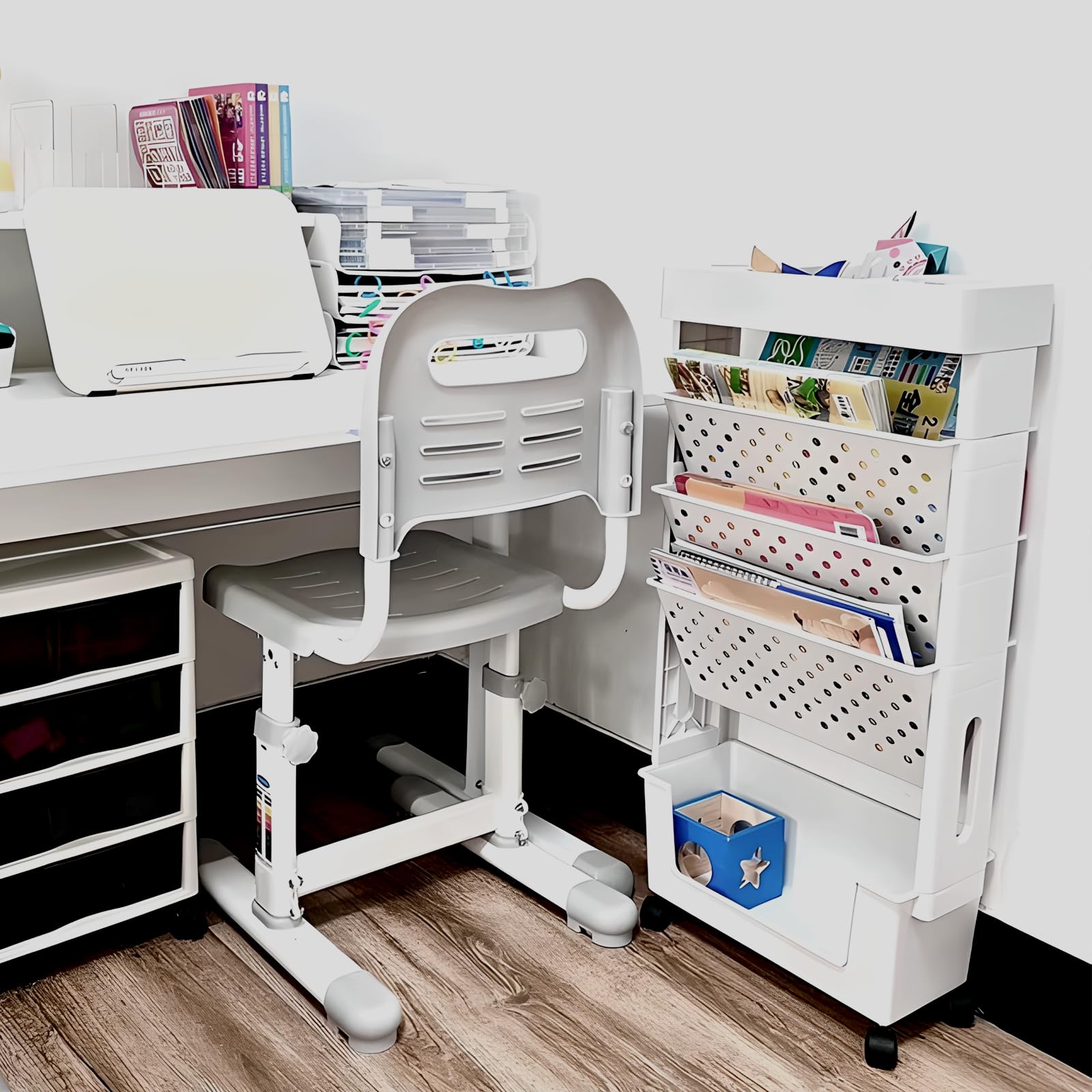 5 Tier Mobile Bookshelf Rolling Book Rack with Wheels, Removable Storage Bookcase Slim Rolling Storage Book Cart for Students Teachers and Adult in School Home Office