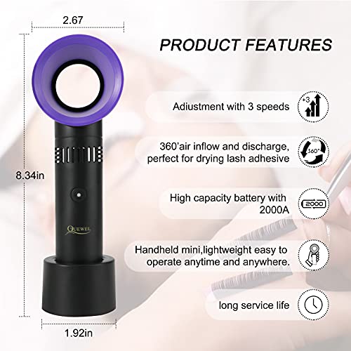 QUEWEL Eyelash Fan for Lash Extension Bladeless Fan Handheld Lash Extension Fan Dryer Mini Fan Air Conditioning Blower Eyelash Extension Supplies Drying Lash Glue (Purple)