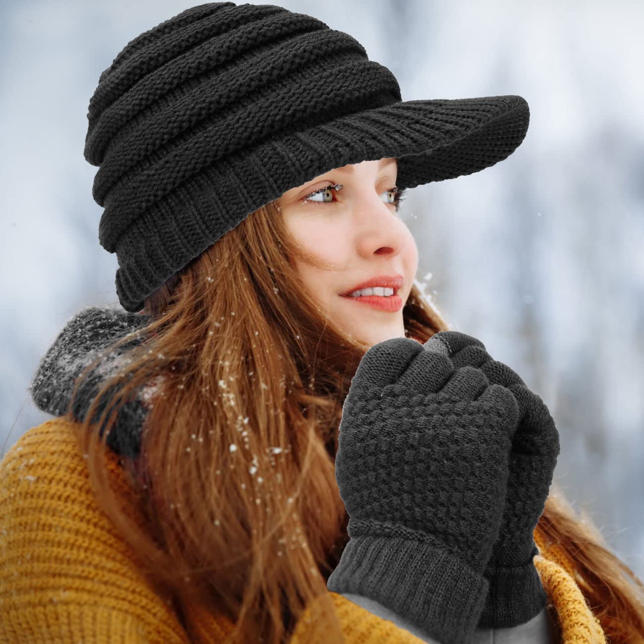 3 Pack Winter Knitted Brim Beanie Hats Gloves Scarf Set Warm Hat Scarf and Touchscreen Gloves for Men Women (Black)