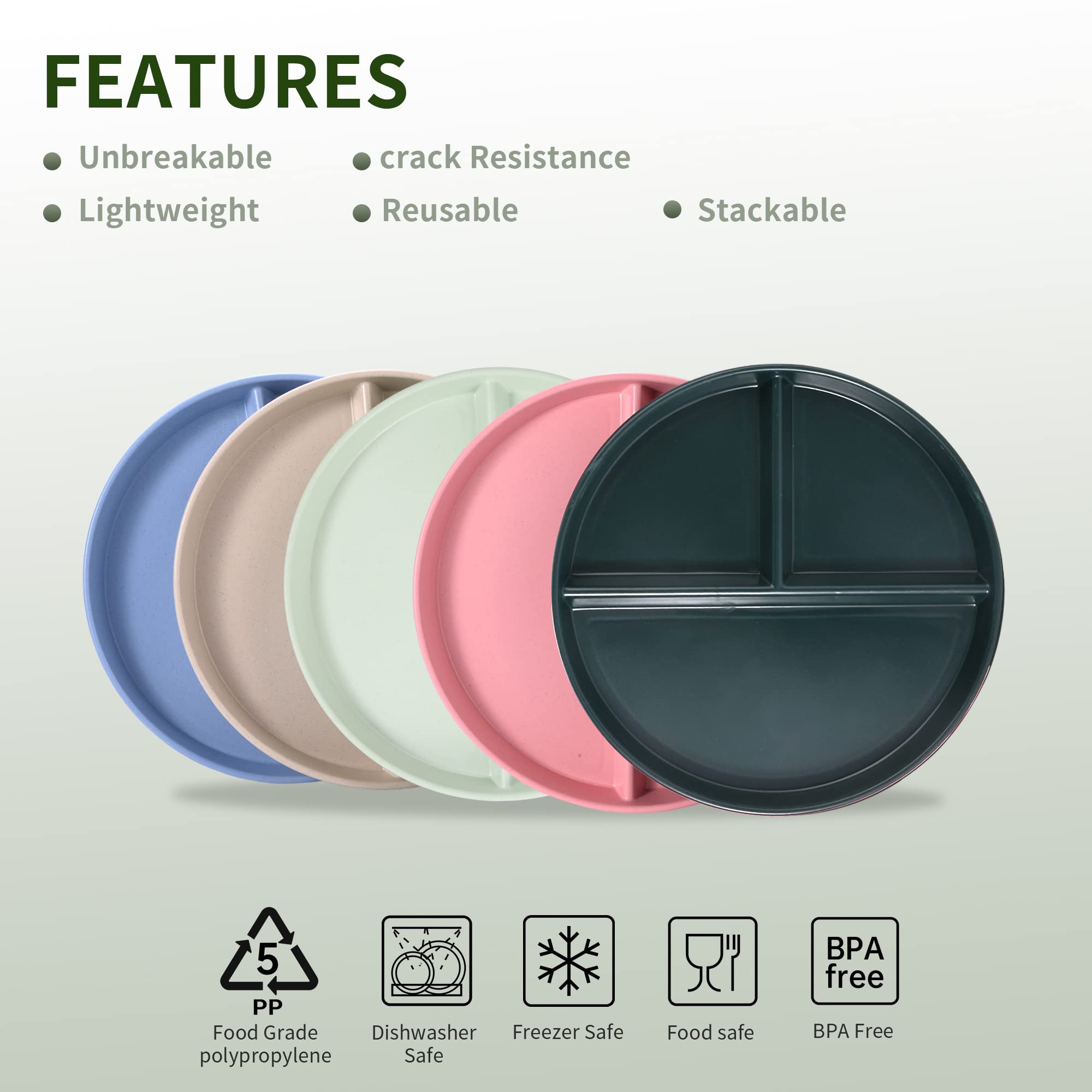 9" Unbreakable Divided Dinner Plate / 5 Wheat Straw Plastic Round Dinner Plates / Colorful Reusable 3 Compartment Dinner Plate / Microwave & Dishwasher Safe, Bpa Free, Child/Adult Separate Plates