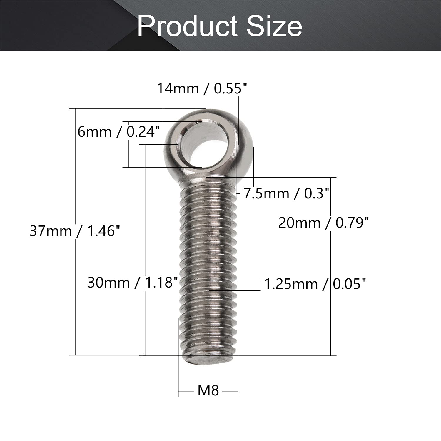 MroMax M8 x 30mm 304 Stainless Steel Machinery Shoulder Lifting Eye Bolt Metric Thread 4pcs