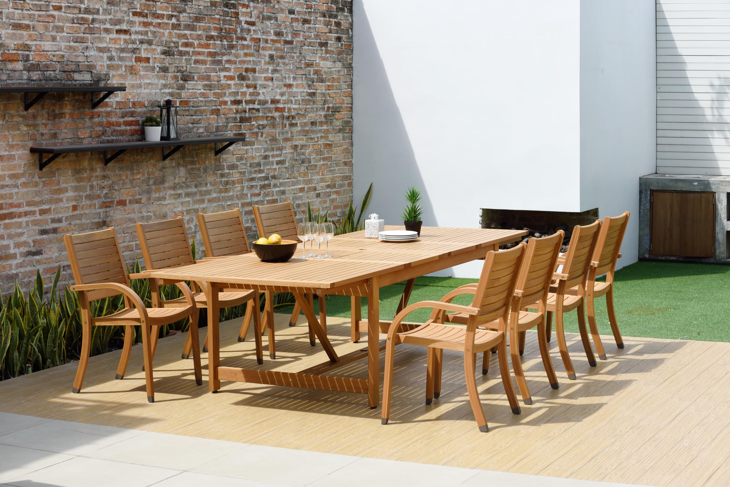 Amazonia Berlin Patio Dining Teak Finish and Ideal, 9-Piece Outdoor Furniture Set, Light Brown