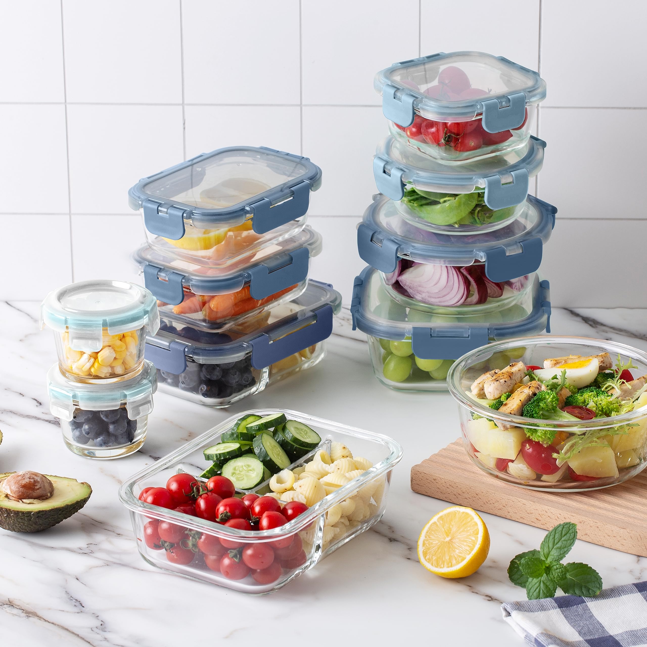 COOK WITH COLOR Premium 32-Pc. Borosilicate Glass Food Container Set with Dividers - 4 Rectangles, 8 Rounds, 4 Squares - Leakproof Lids - Meal Prep, Storage, Green