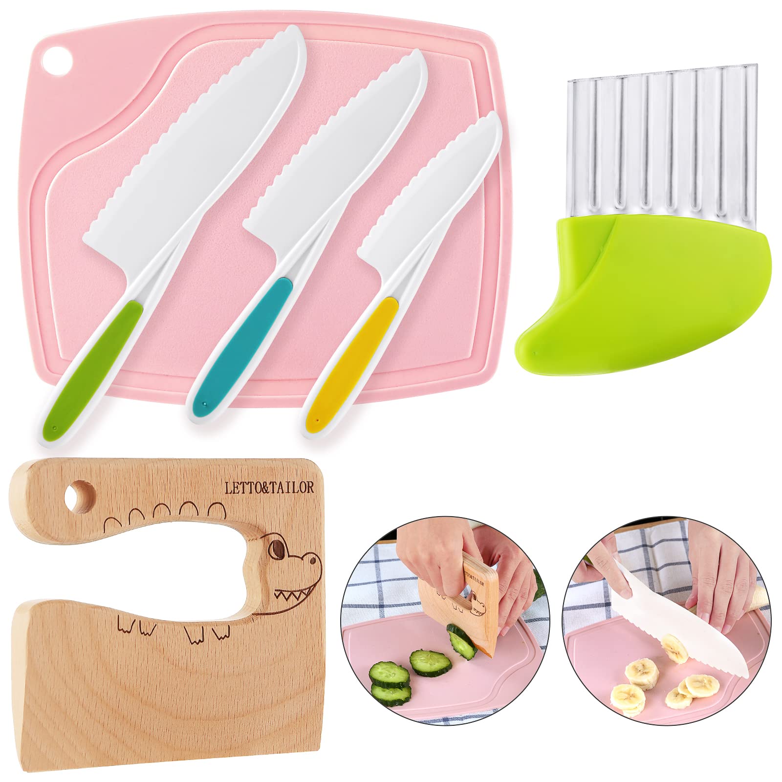 6 Pieces Kids Knife Set Include Wooden Toddler Knife Crinkle Cutter for Veggies Nylon kids knifes for Real Cooking Montessori Kitchen Tools for Toddlers With Cutting Board