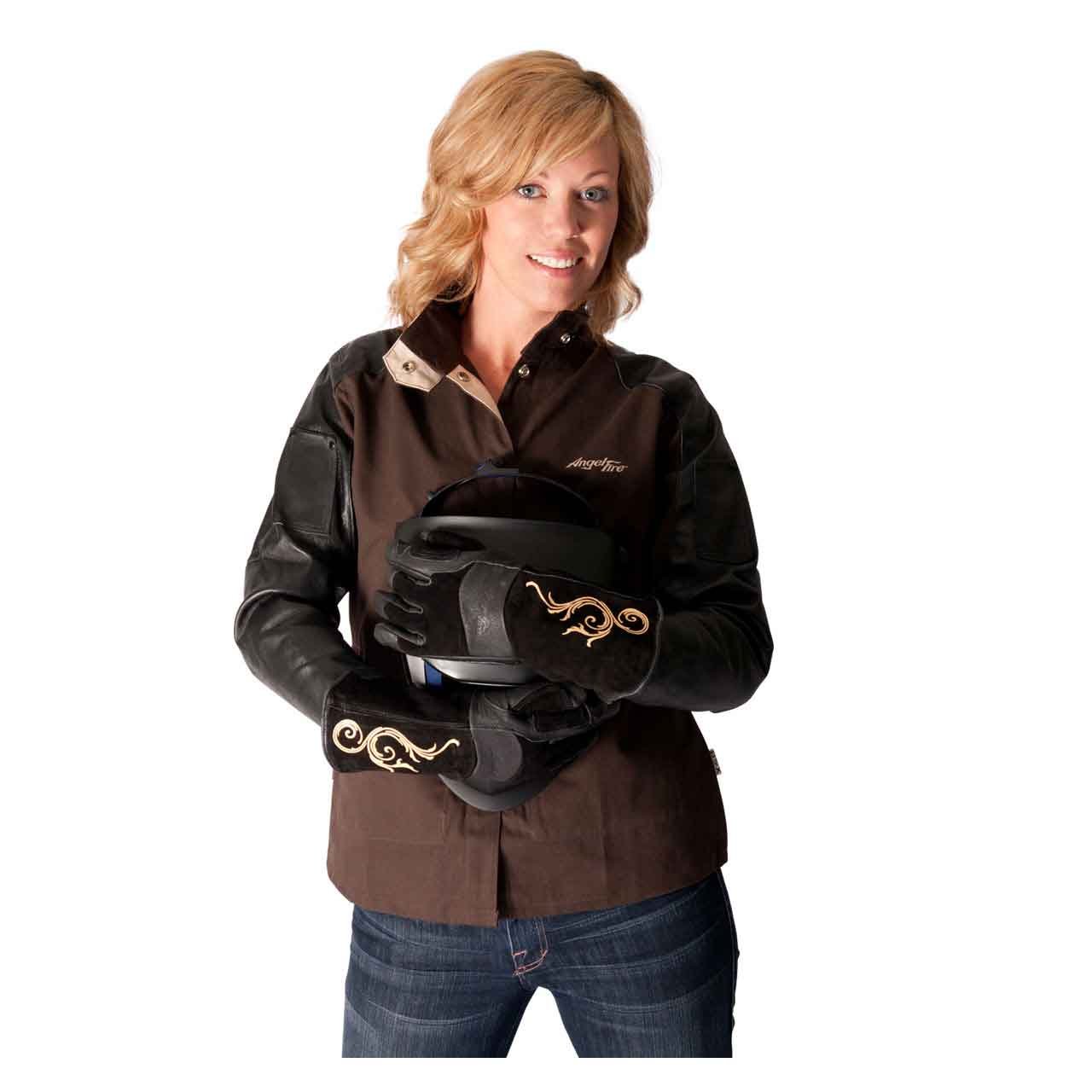 AngelFire Stick/MIG Welding Gloves - Black with Beige Flourish, Size Small