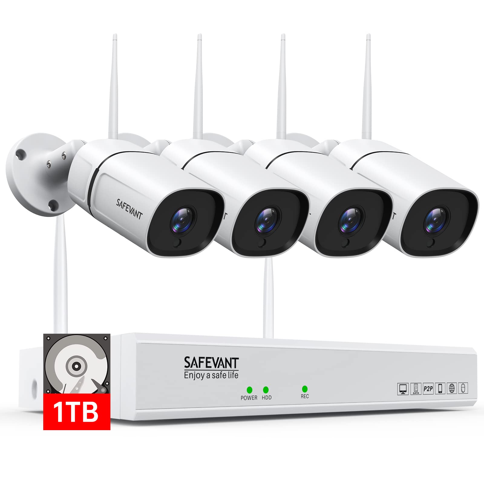 5MP Wireless Security Camera System with 2 Way Audio, SAFEVANT 8 Channel Surveillance Security System with 4 HD Cameras WiFi Camera System Wireless,1TB HDD Night Vision