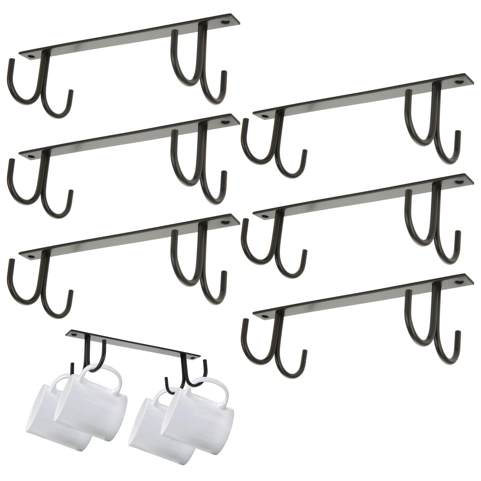 ABuff 6 Pack Cabinet Hook Mug Holder - Hanging Coffee Cup Rack for Kitchen, 24 Hooks Under Cabinets Metal Hangers Organizer Shelf Storage Utensil (Black)