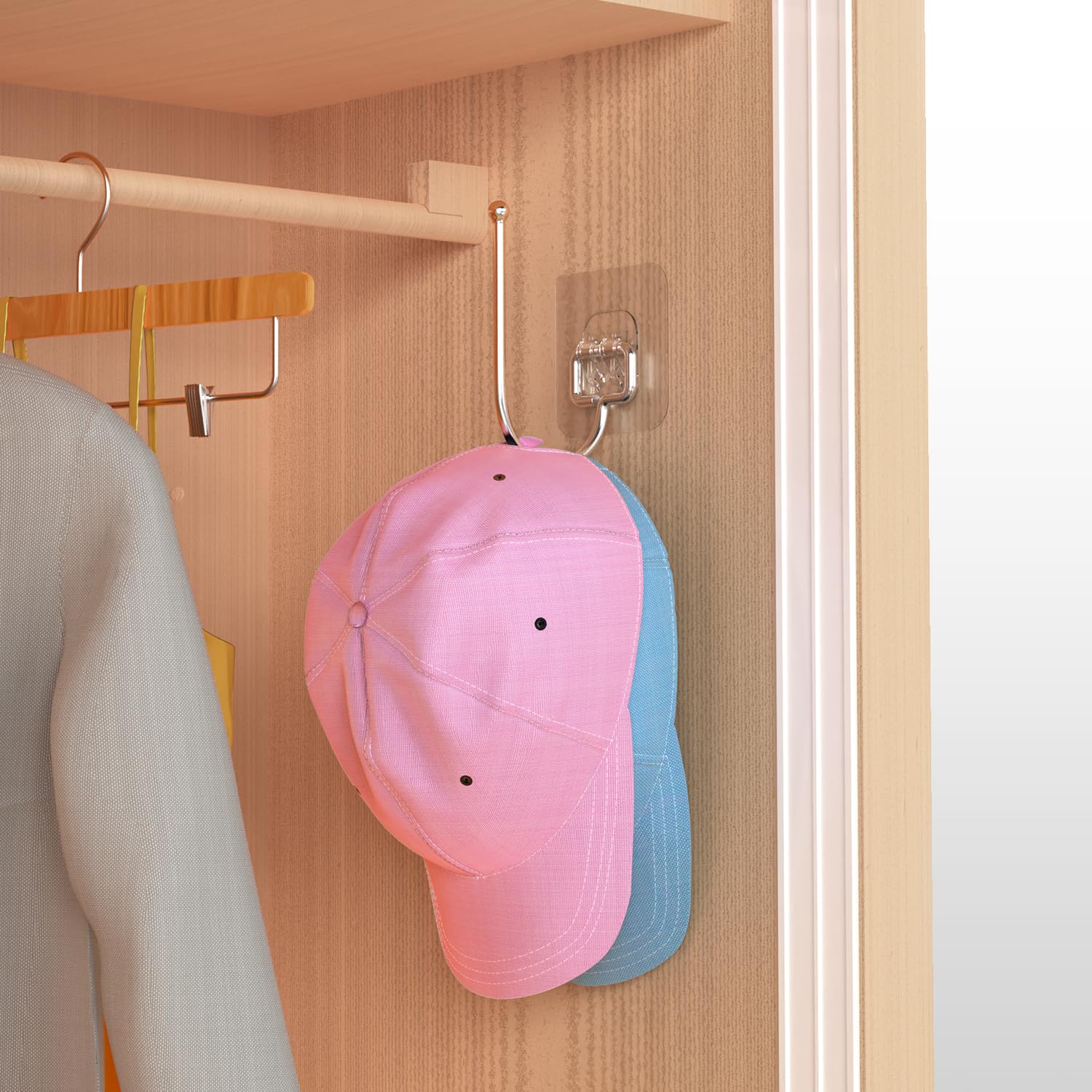 6 Pack Hat Racks for Baseball Caps Wall, Stainless Steel Hat Organizer for Baseball Caps, Hat Storage for Baseball Caps, Hat Hooks Hat Hanger Strong Adhesive/Wall Drilled for Door, Bedroom, Closet