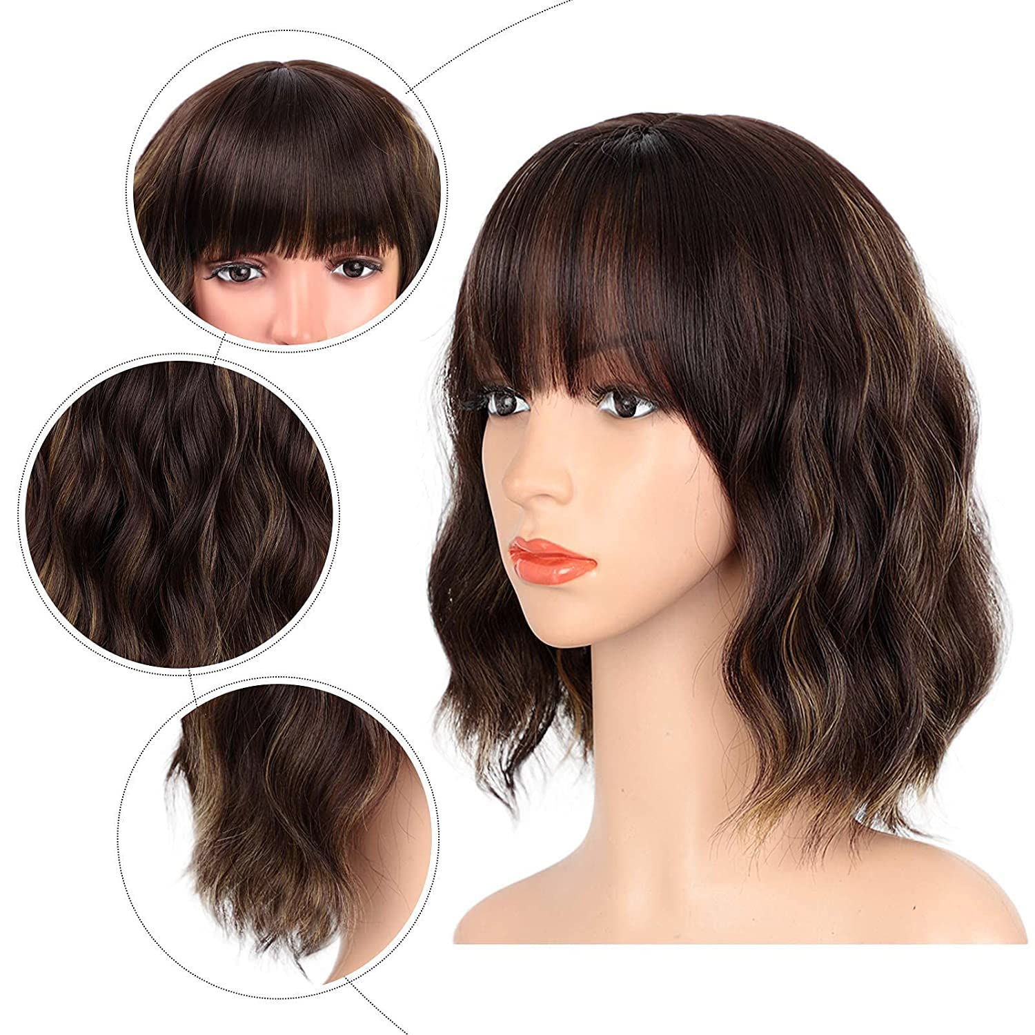 ENTRANCED STYLES Dark Brown Wigs for Women, Blonde Highlights Wig Natural Looking Short Wavy Bob Wig with bangs Medium Length Heat Resistant Synthetic Wig Daily Party Use 12β